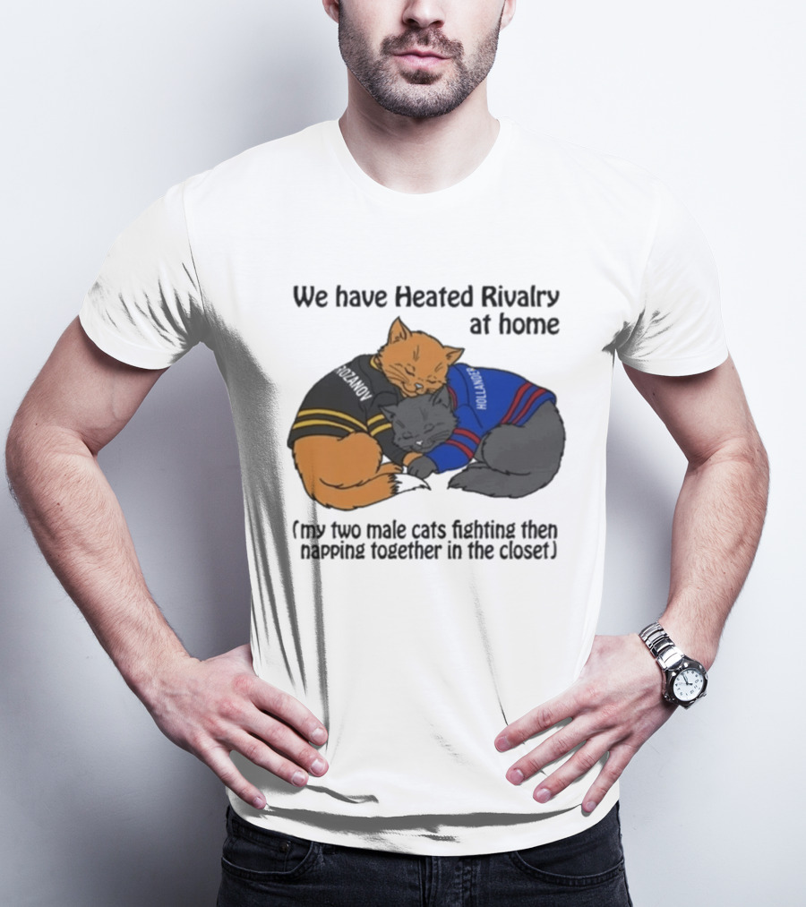 We Have Heated Rivalry At Home My Two Male Cats Fighting Then Napping Together In The Closet T-Shirt