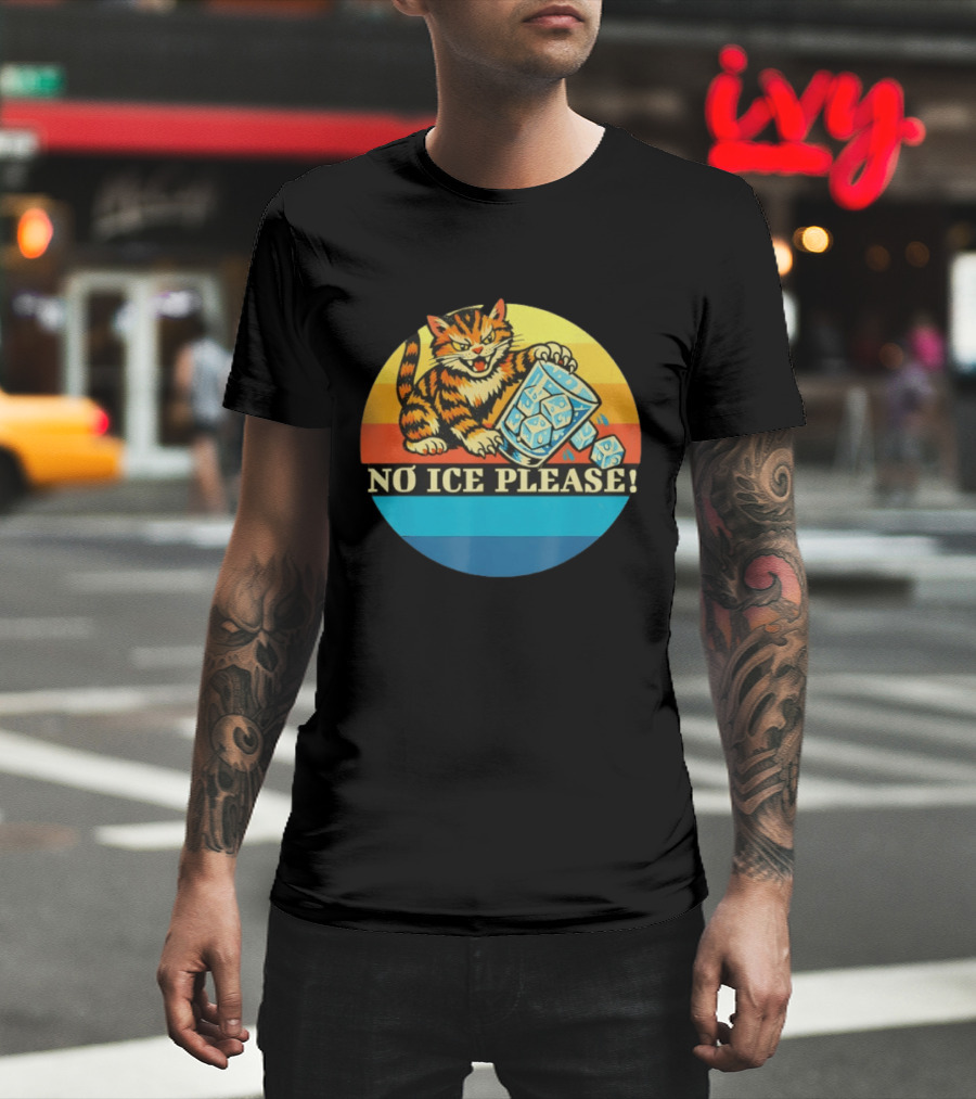No Ice Please Cat Cartoon Rainbow Stripes T-Shirt