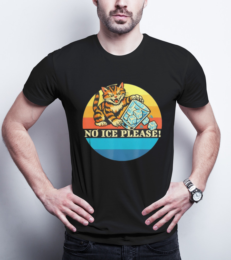 No Ice Please Cat Cartoon Rainbow Stripes T-Shirt