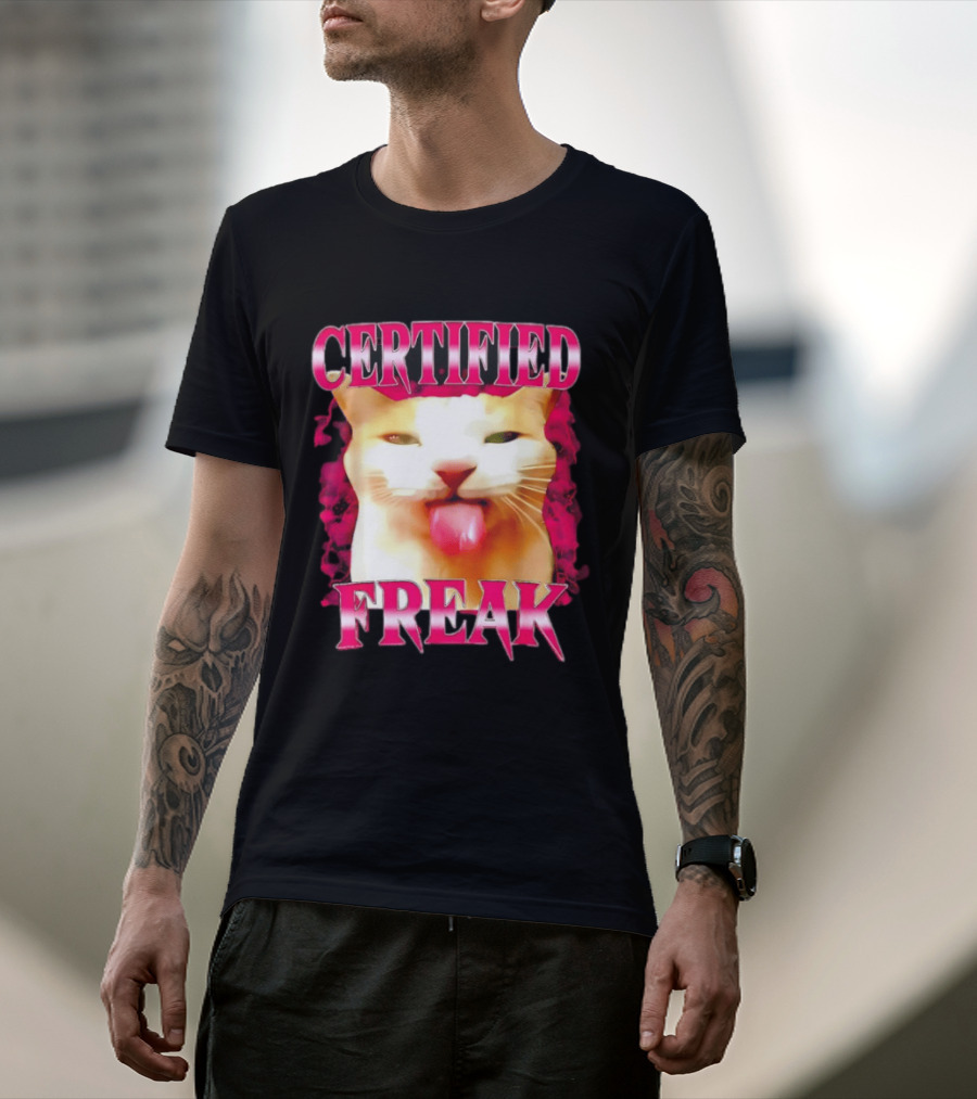 Certified Freak Cat Tongue Out Pink Edge T-Shirt