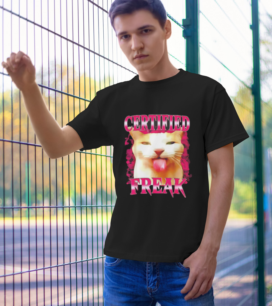 Certified Freak Cat Tongue Out Pink Edge T-Shirt