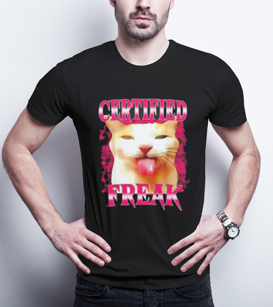 Certified Freak Cat Tongue Out Pink Edge T-Shirt