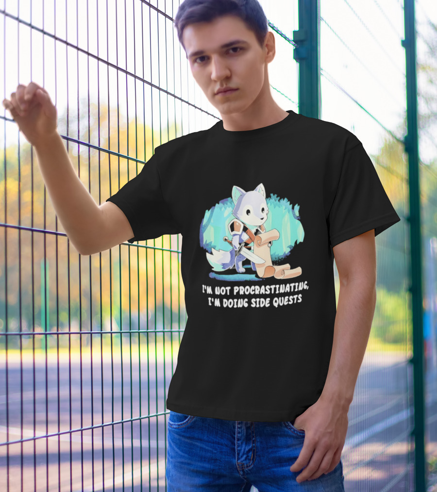 I'm Not Procrastinating I'm Doing Side Quests Cute Fantasy Wolf Cartoon T-Shirt