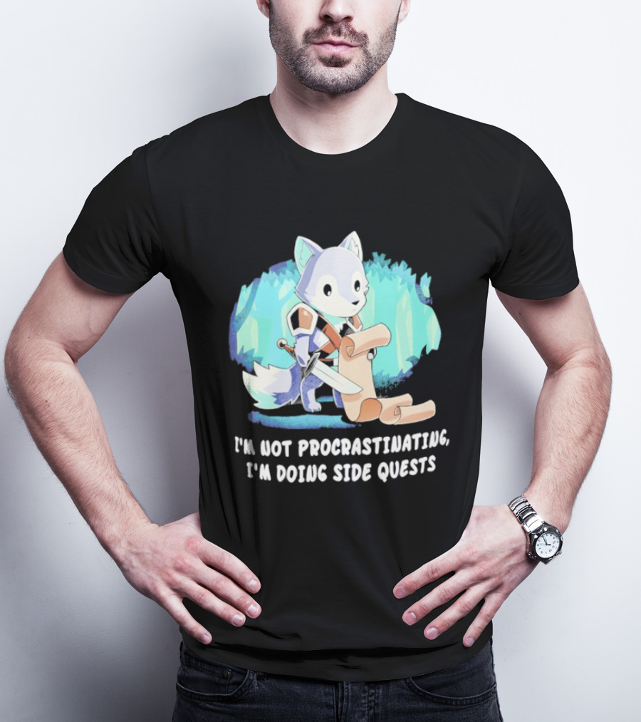 I'm Not Procrastinating I'm Doing Side Quests Cute Fantasy Wolf Cartoon T-Shirt