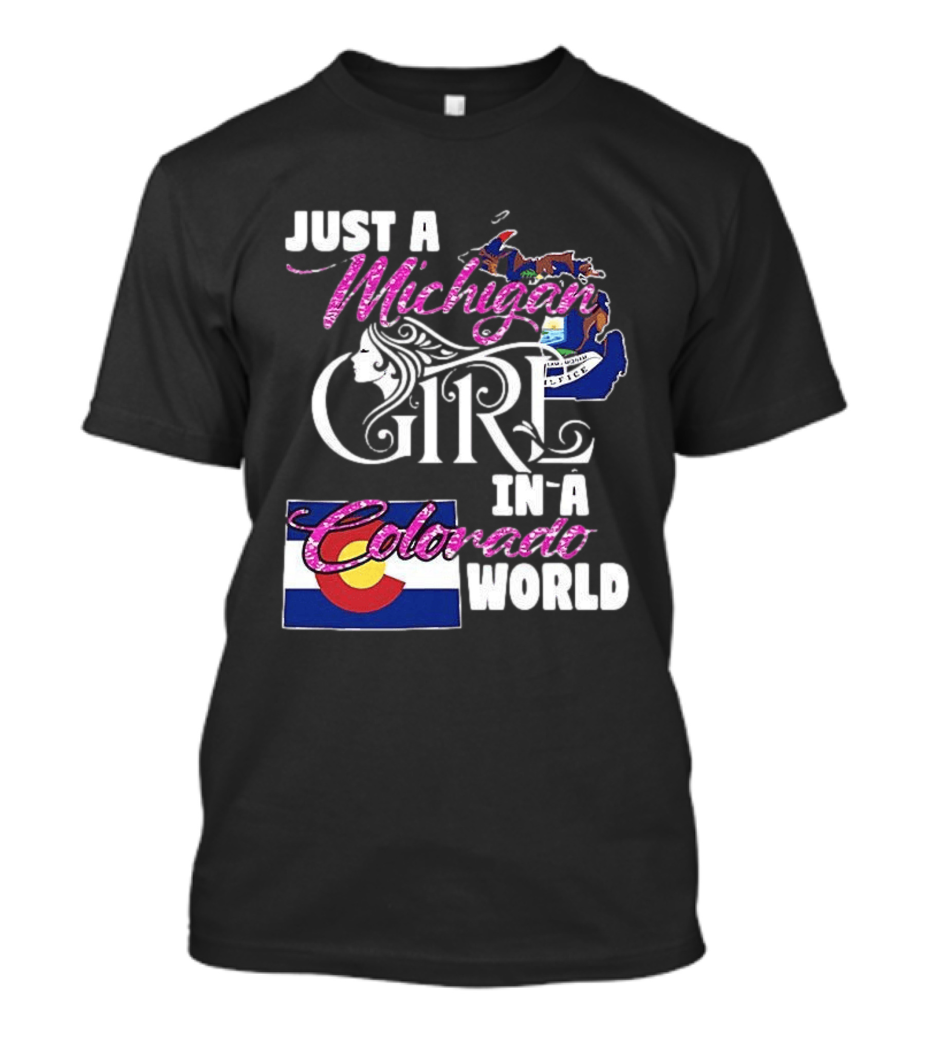 Just A Michigan Girl In A Colorado World With State Map And Flag T-Shirt