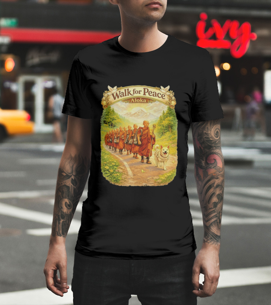 Walk For Peace Aloka Monks With Dog In Nature Trail T-Shirt