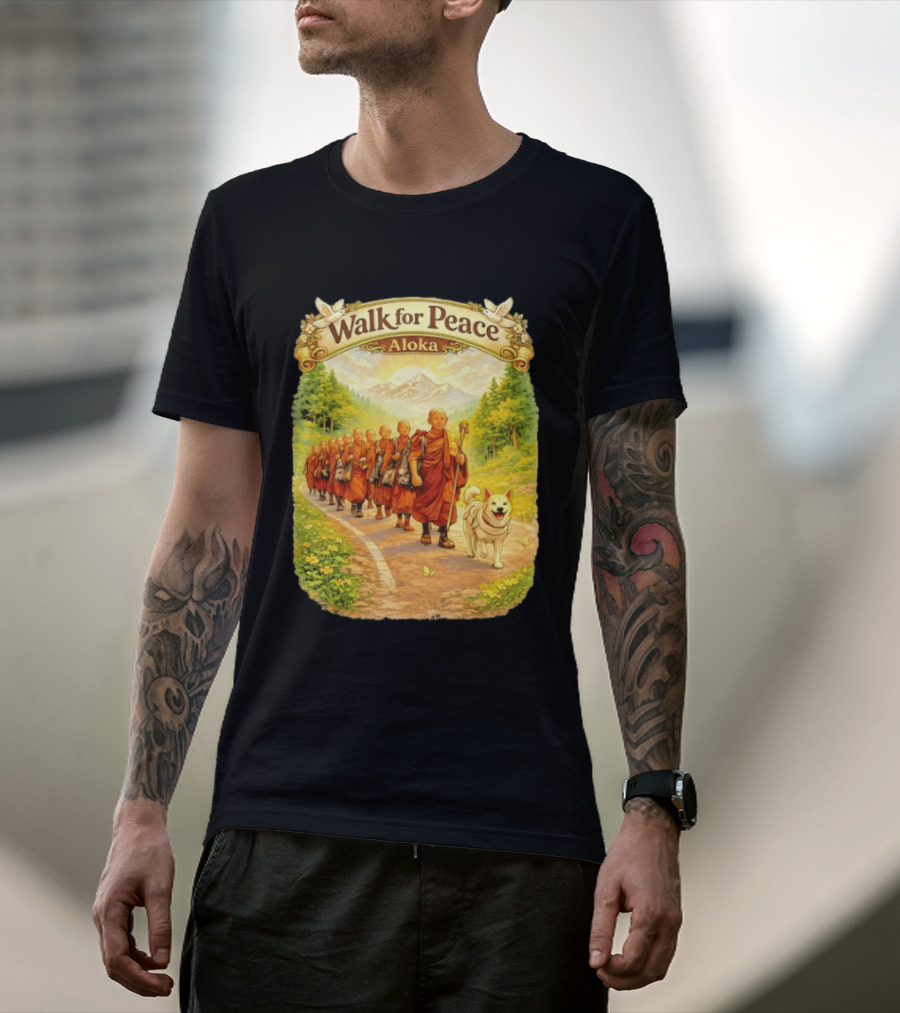 Walk For Peace Aloka Monks With Dog In Nature Trail T-Shirt