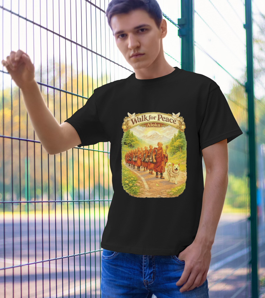 Walk For Peace Aloka Monks With Dog In Nature Trail T-Shirt