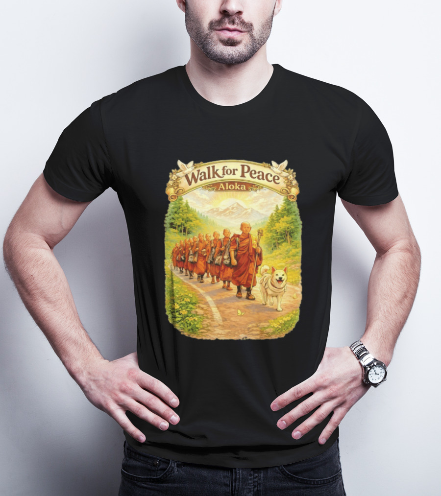 Walk For Peace Aloka Monks With Dog In Nature Trail T-Shirt