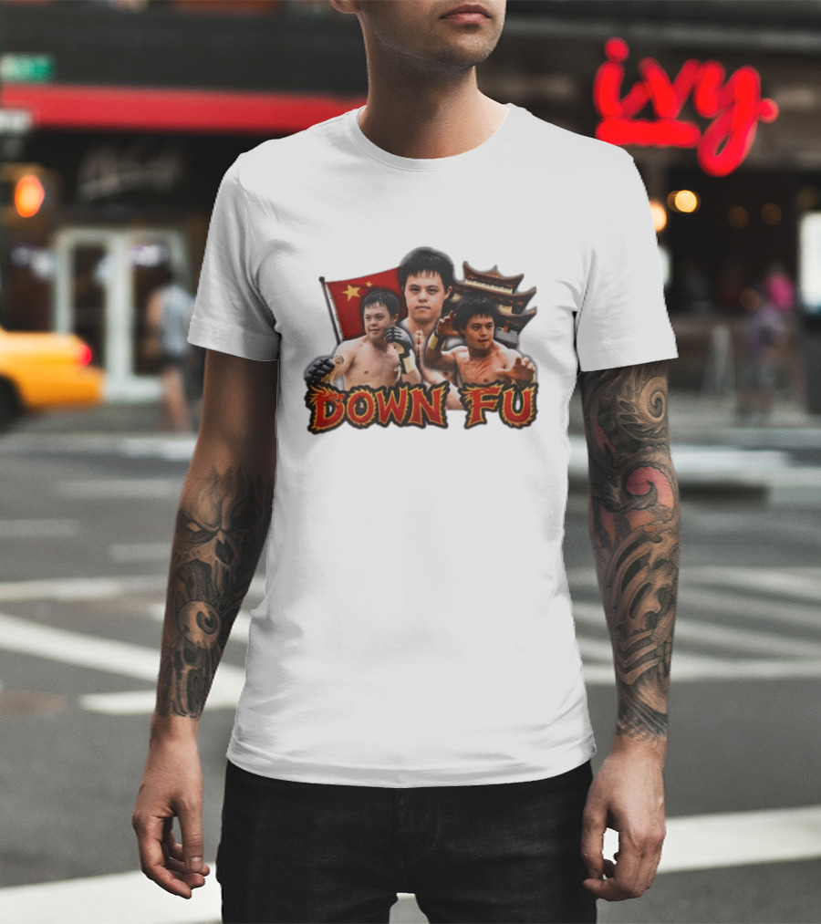 Down Fu Martial Arts Style With Fighters And Chinese Pagoda T-Shirt