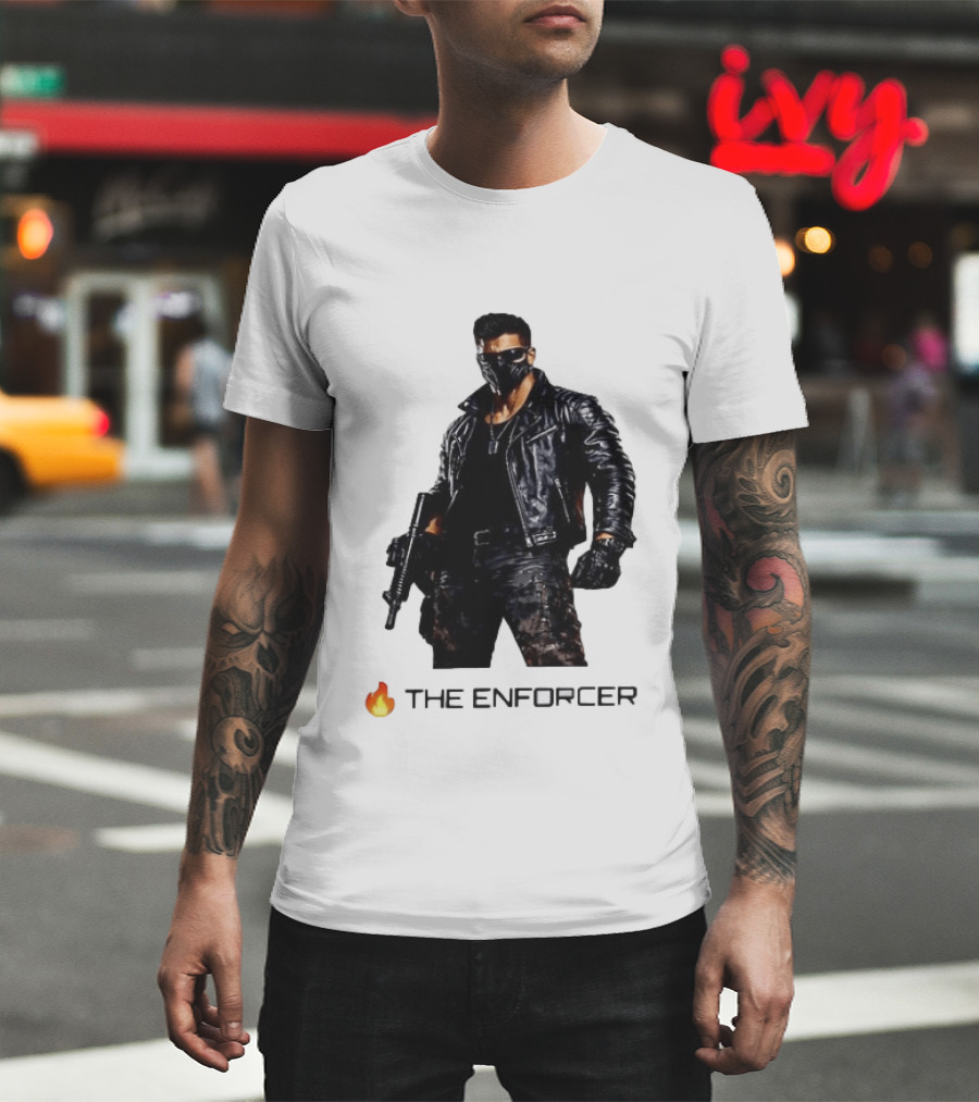 The Enforcer Leather Jacket Warrior With Mask And Fire T-Shirt