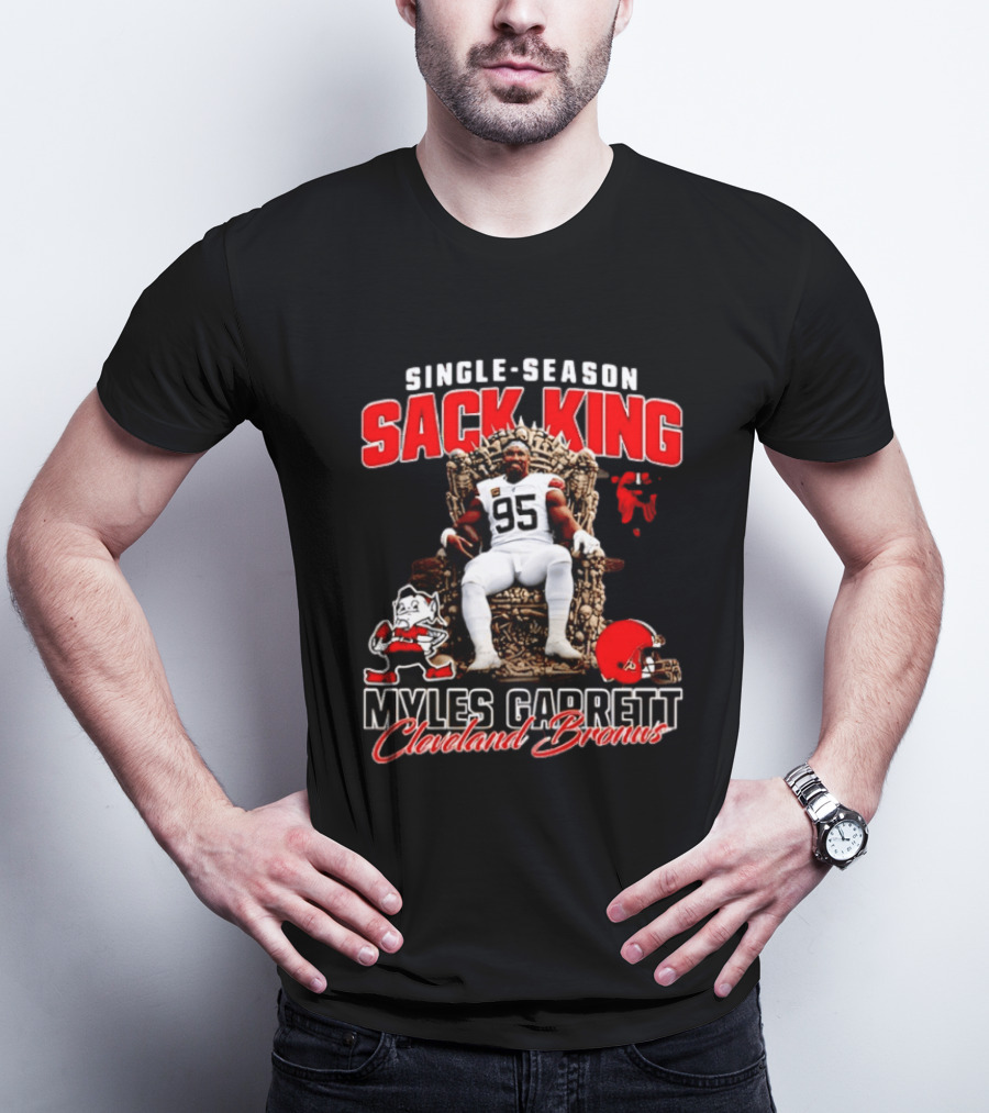 Single Season Sack King Myles Garrett Cleveland Browns 95 Throne Motif T-Shirt
