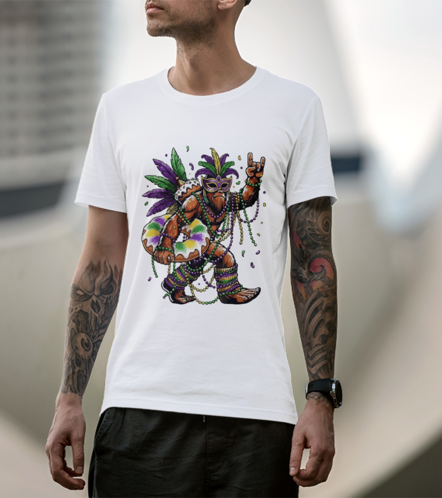 Mardi Gras Bigfoot King Rock And Roll Hand Beads Cake Donut T-Shirt