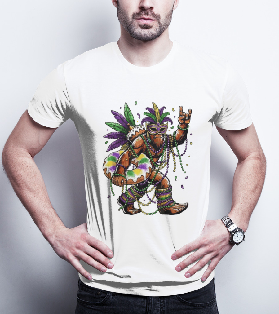 Mardi Gras Bigfoot King Rock And Roll Hand Beads Cake Donut T-Shirt