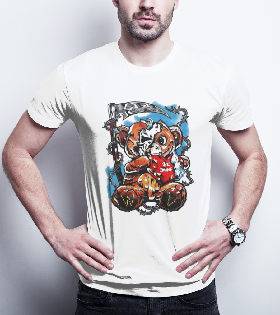 Warren Lotas Be Mine Teddy Grim Reaper Barbed Wire Valentine Scythe T-Shirt