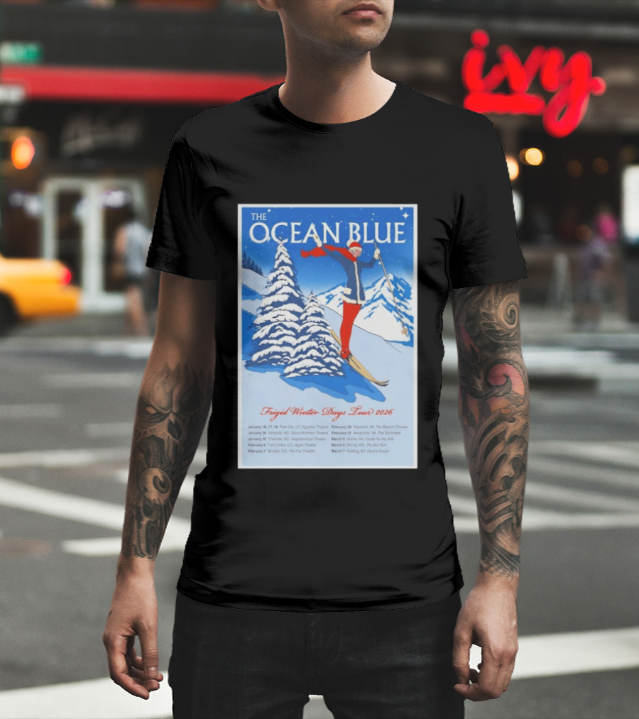 The Ocean Blue Frigid Winter Days Tour 2026 With Skiing Santa And Show Dates T-Shirt