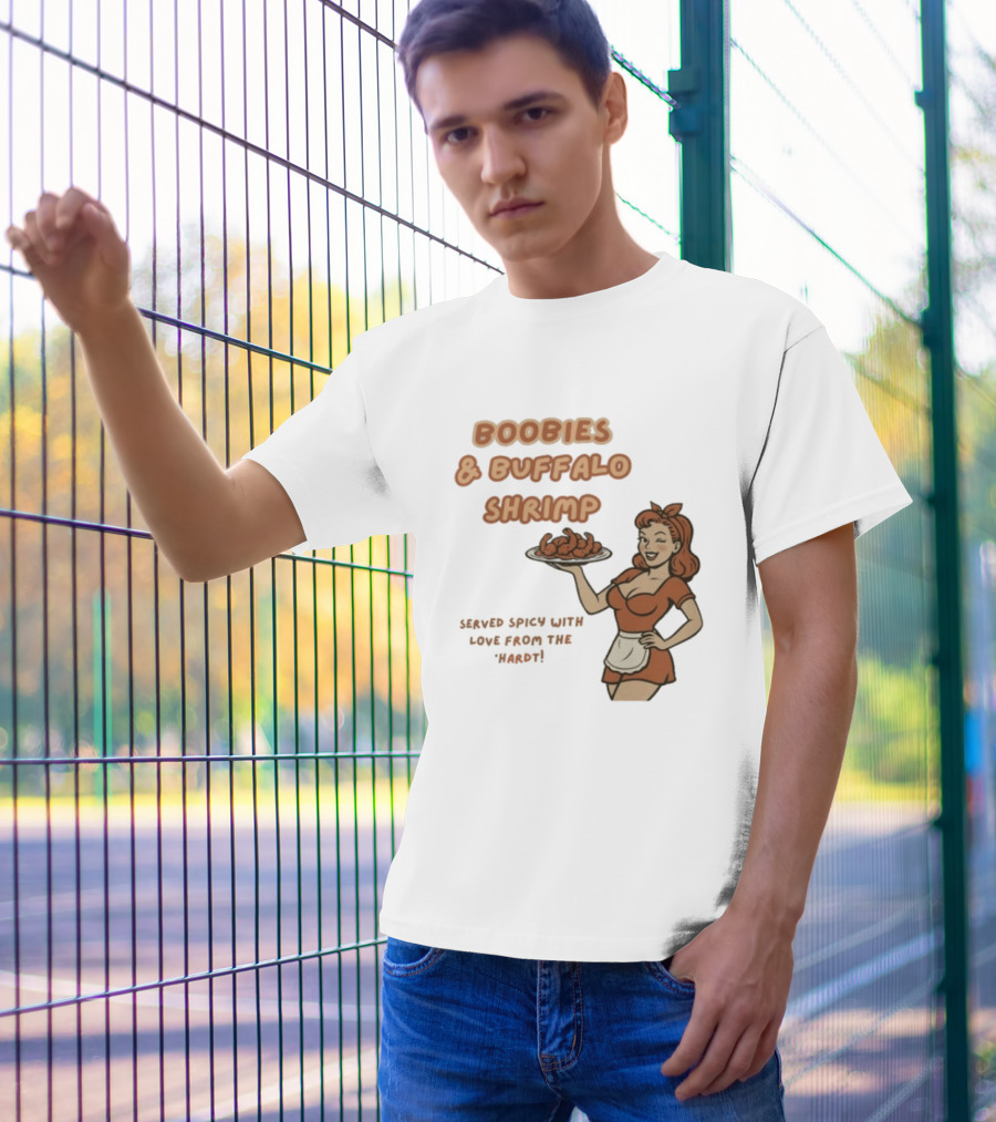 Boobies & Buffalo Shrimp Served Spicy With Love From The Hardt Retro Waitress T-Shirt