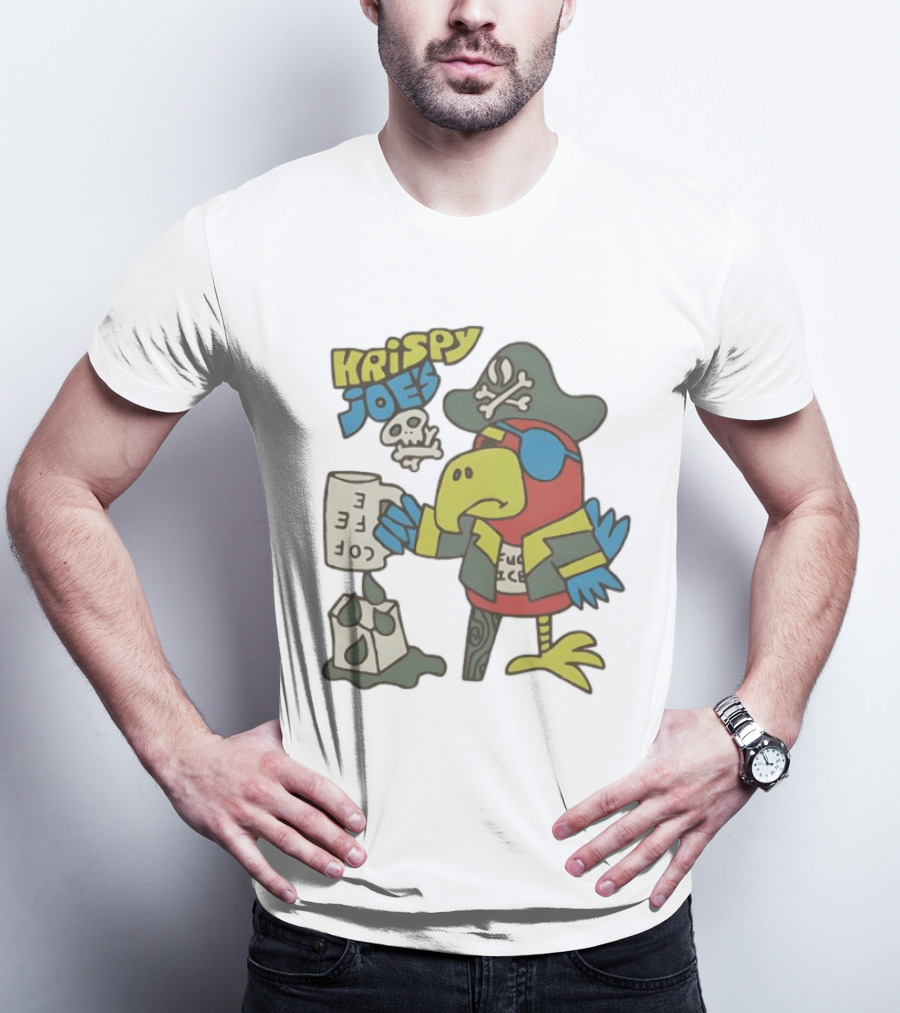 Krispy Joe's Pirate Parrot Coffee Spill Cartoon T-Shirt