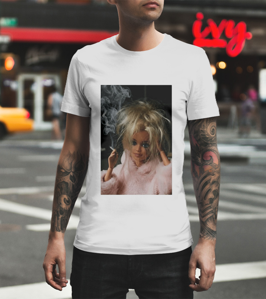 Cigarette Smoking Barbie Doll In Pink Fur Coat T-Shirt
