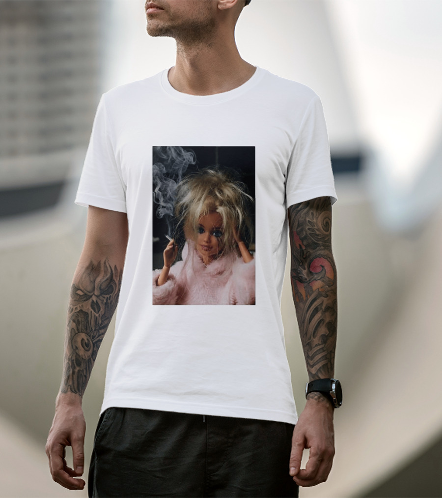 Cigarette Smoking Barbie Doll In Pink Fur Coat T-Shirt