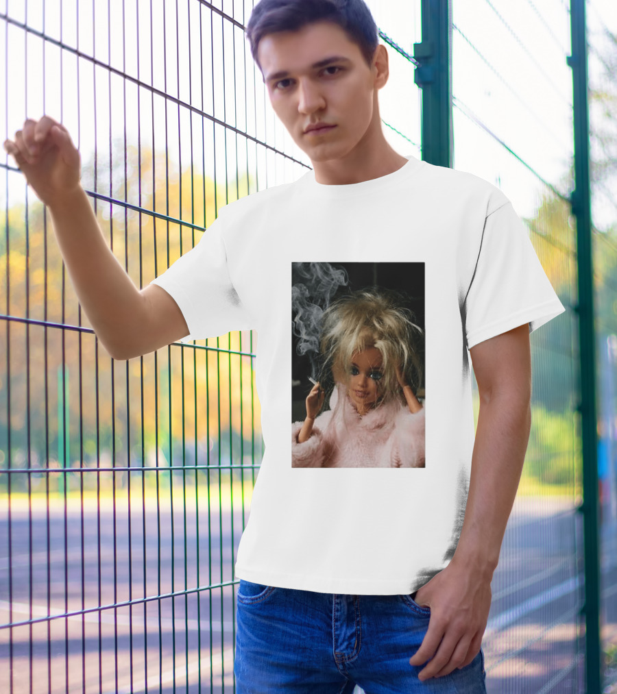 Cigarette Smoking Barbie Doll In Pink Fur Coat T-Shirt