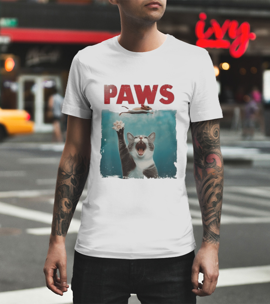 Paws Cat Chasing Mouse Playful Kitten Humor T-Shirt