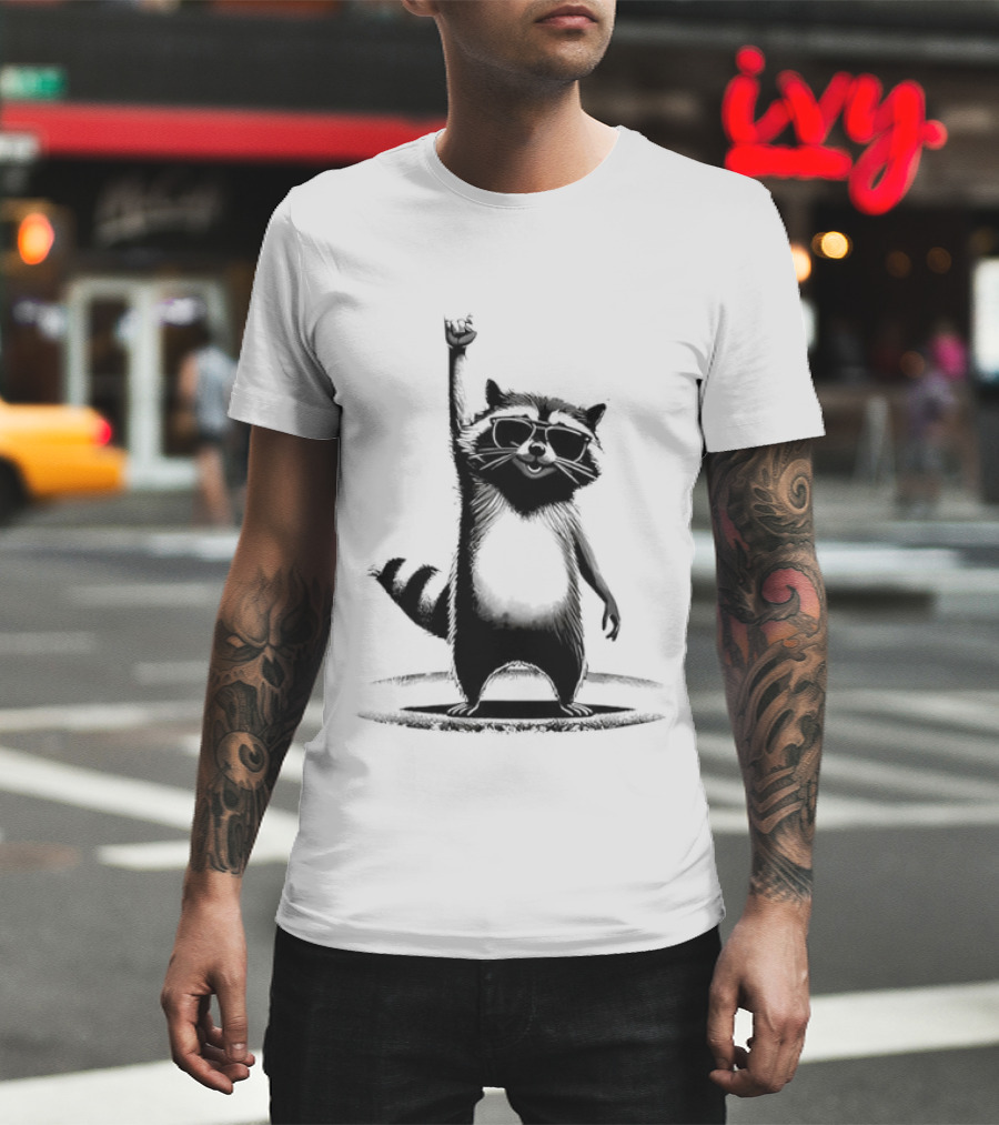 Raccoon Rock Music Animal Silhouette Jazz Hands Pose T-Shirt