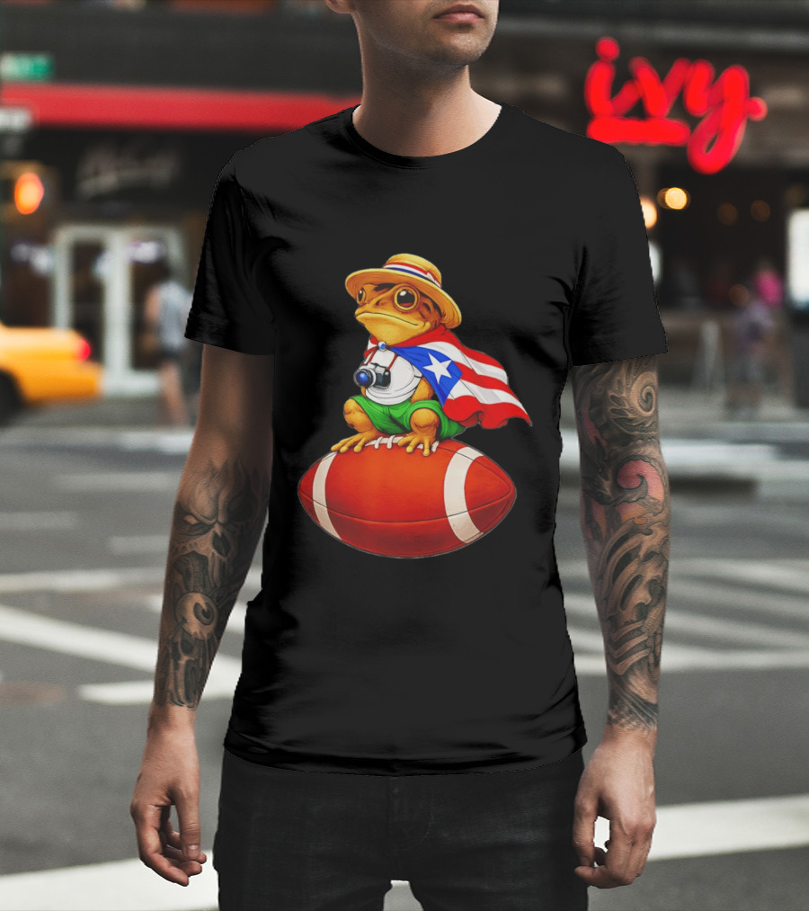 Puerto Rico Coqui Frog With Hat And Flag Sitting On Football T-Shirt