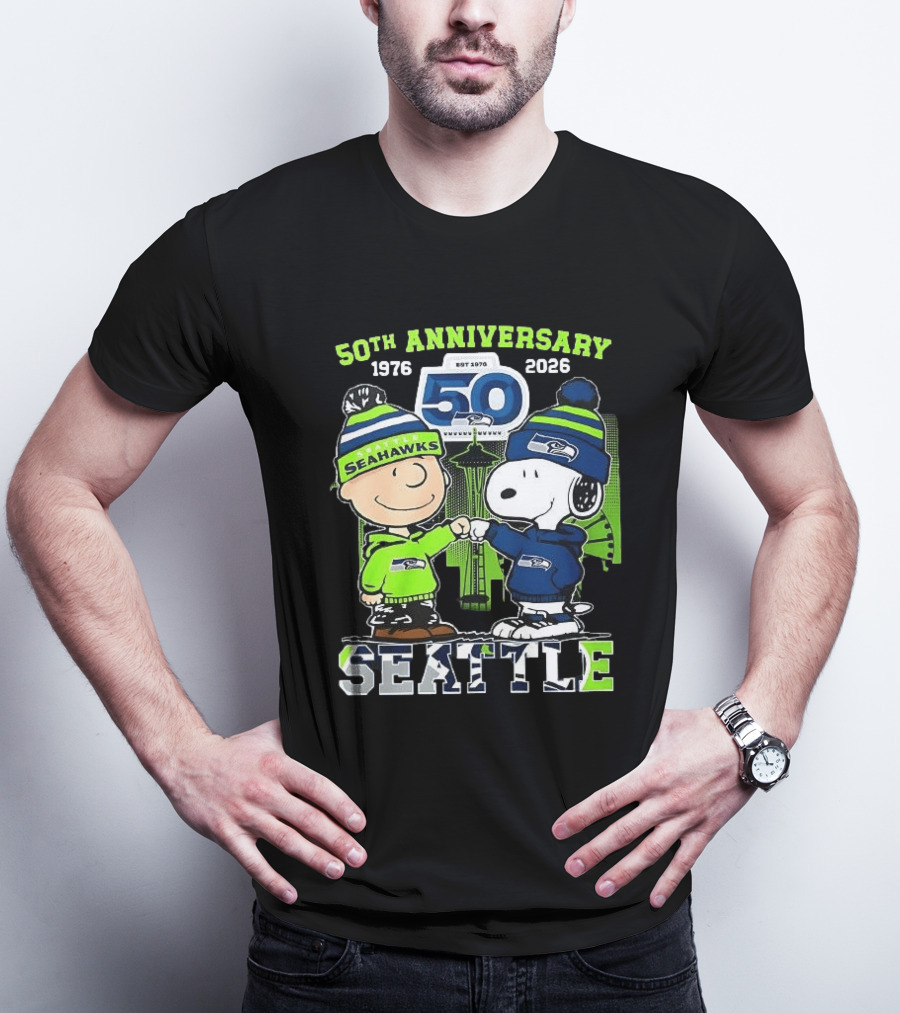Seattle Seahawks 50th Anniversary 1976 2026 Charlie Brown Snoopy T-Shirt
