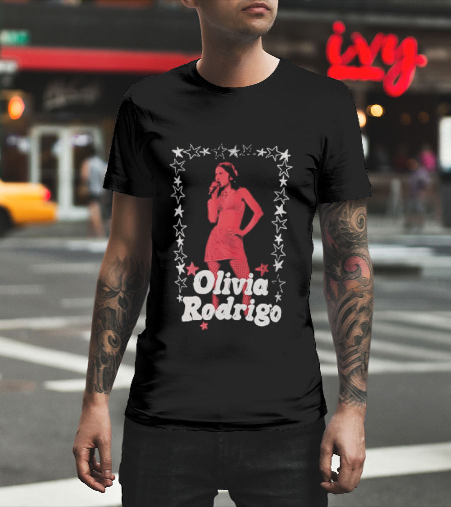 Olivia Rodrigo Star Pose Framed With Vibrant Red Highlights T-Shirt