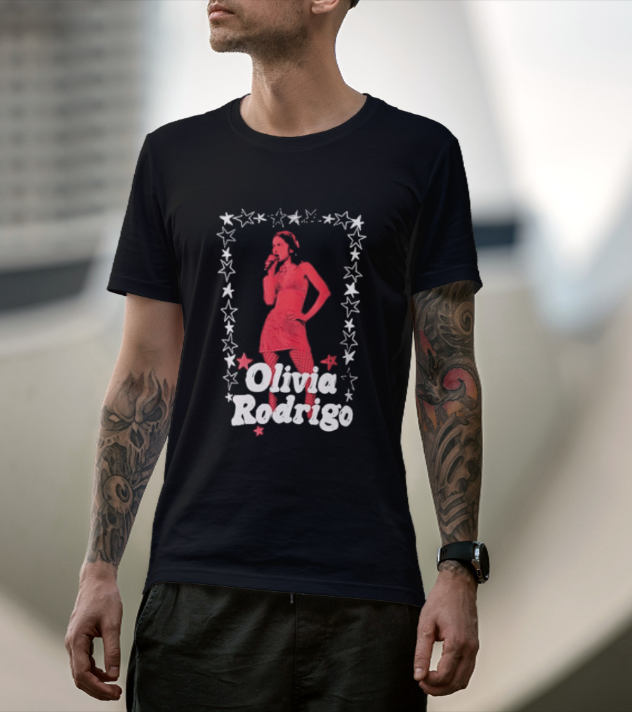 Olivia Rodrigo Star Pose Framed With Vibrant Red Highlights T-Shirt