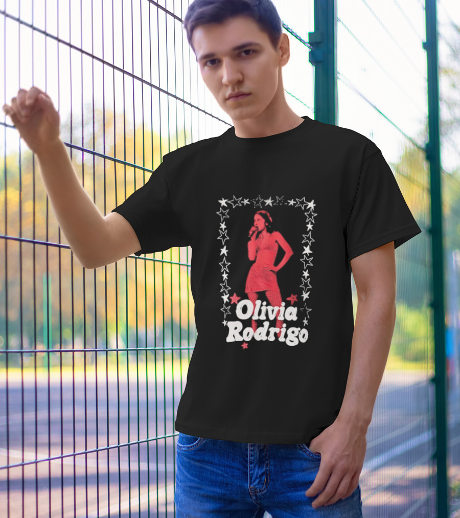 Olivia Rodrigo Star Pose Framed With Vibrant Red Highlights T-Shirt