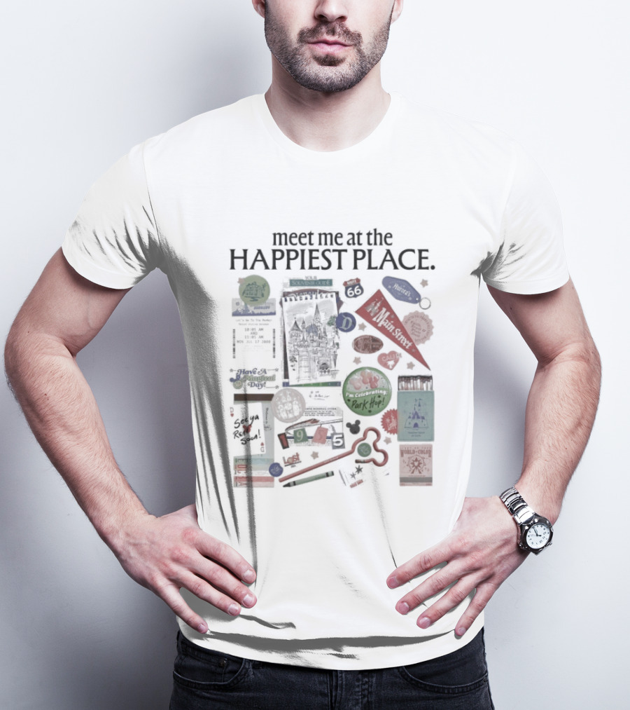 Meet Me At The Happiest Place With Iconic Park Symbols And Pop Culture References T-Shirt