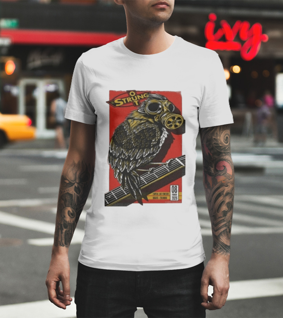 Strung Out Feb 8 2026 Bogota Colombia Bird Gas Mask Concept Concert Tour T-Shirt