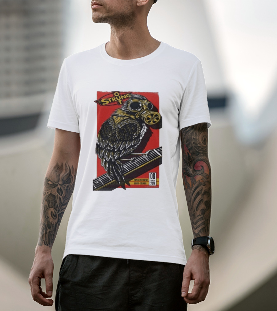 Strung Out Feb 8 2026 Bogota Colombia Bird Gas Mask Concept Concert Tour T-Shirt