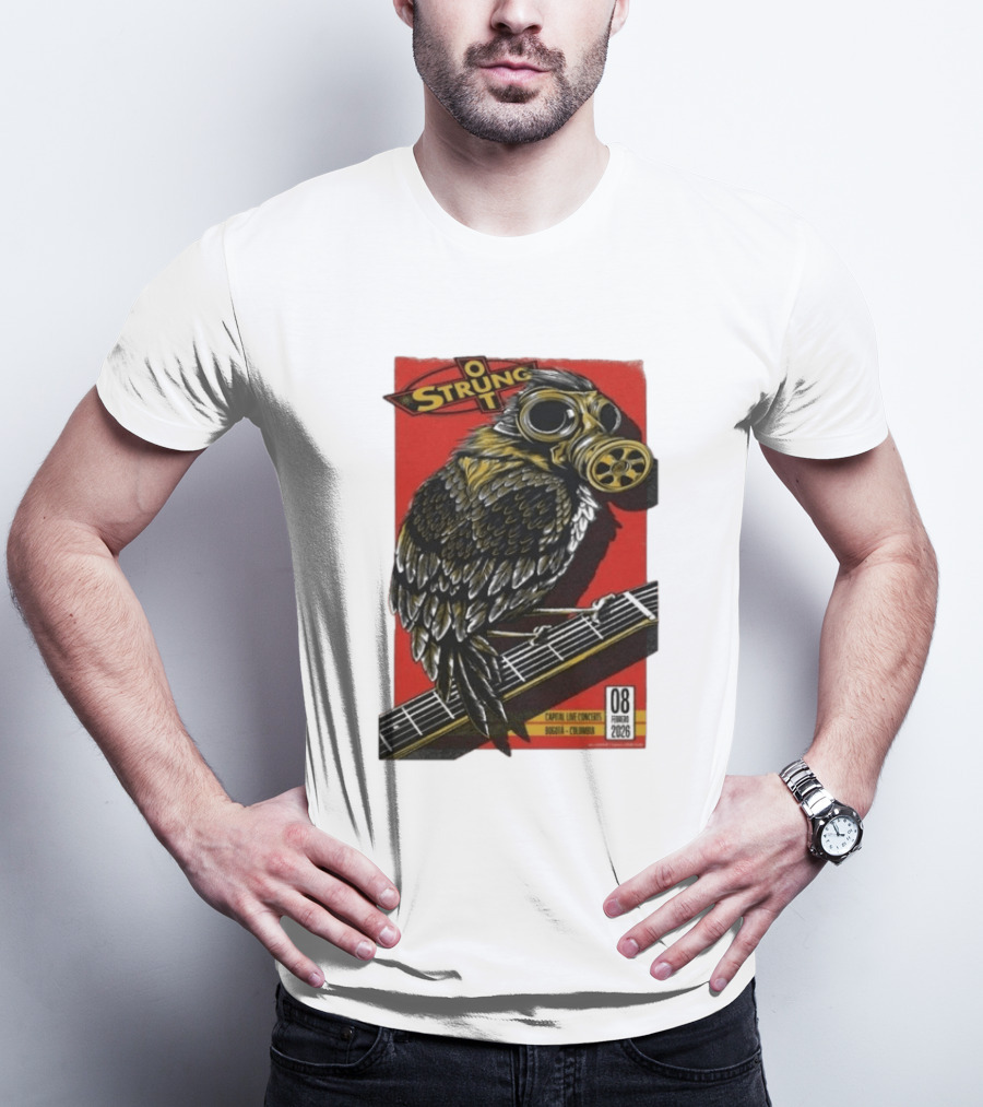 Strung Out Feb 8 2026 Bogota Colombia Bird Gas Mask Concept Concert Tour T-Shirt