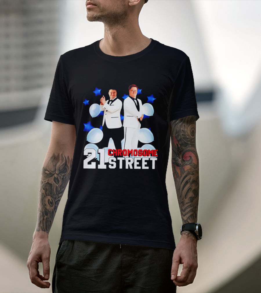 21 Chromosome Street Down Syndrome Stars Balloons White Suits T-Shirt