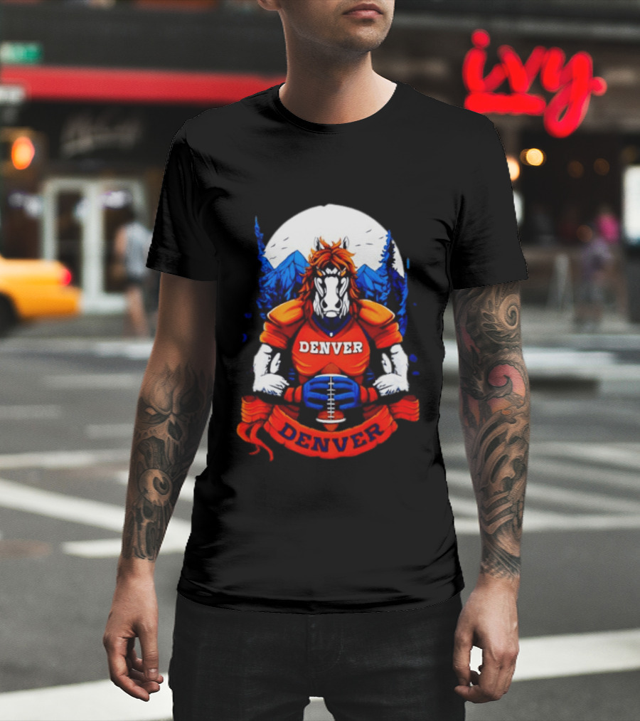 Denver Broncos Wild Horse Football Player With Mountains And Trees T-Shirt