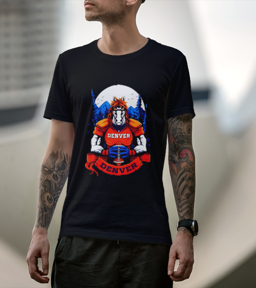 Denver Broncos Wild Horse Football Player With Mountains And Trees T-Shirt