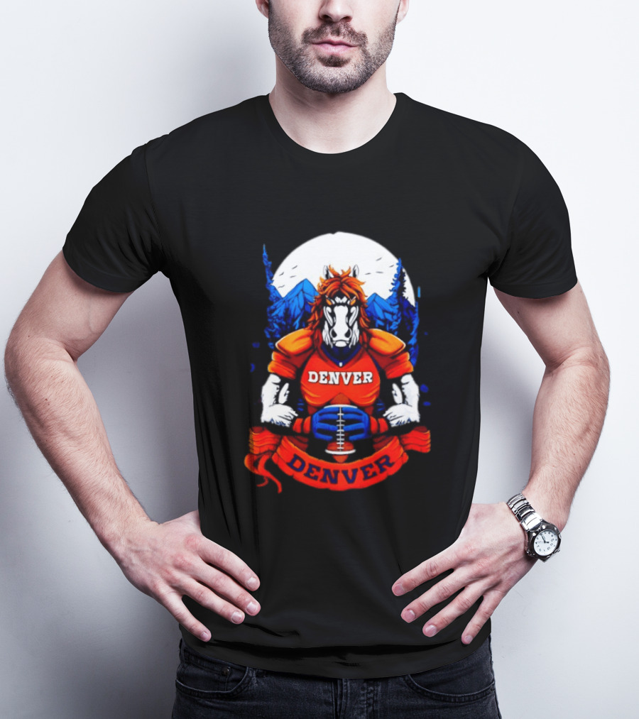 Denver Broncos Wild Horse Football Player With Mountains And Trees T-Shirt