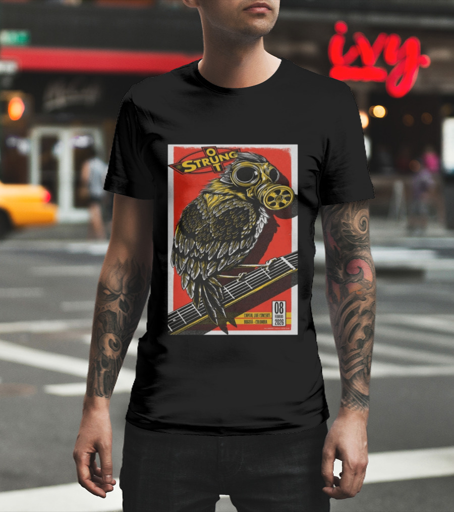 Strung Out February 8 2026 Capital Live Concerts Bogota Colombia Owl Gas Mask Guitar T-Shirt