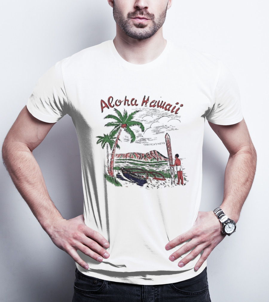 BTS Taehyung Aloha Hawaii Diamond Head 1960 Palm Trees Surfer Scene T-Shirt