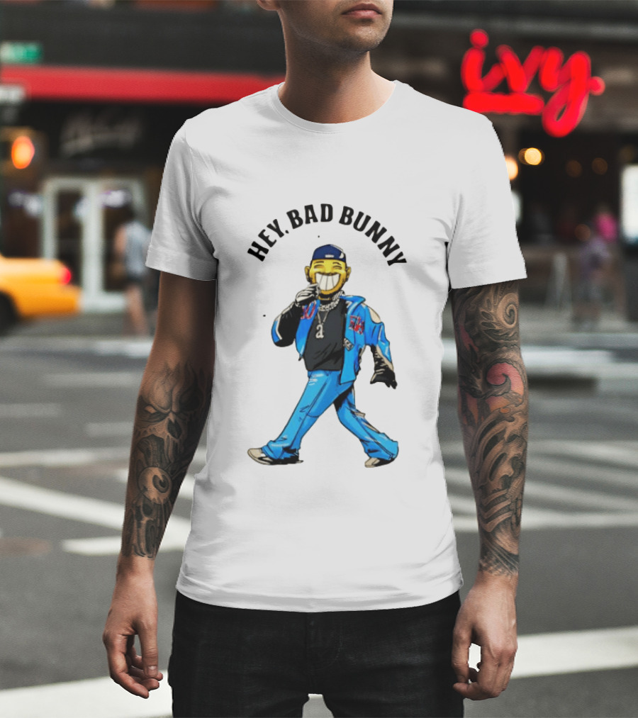 HEY BAD BUNNY Blue Jacket Character Black Outfit Chains T-Shirt