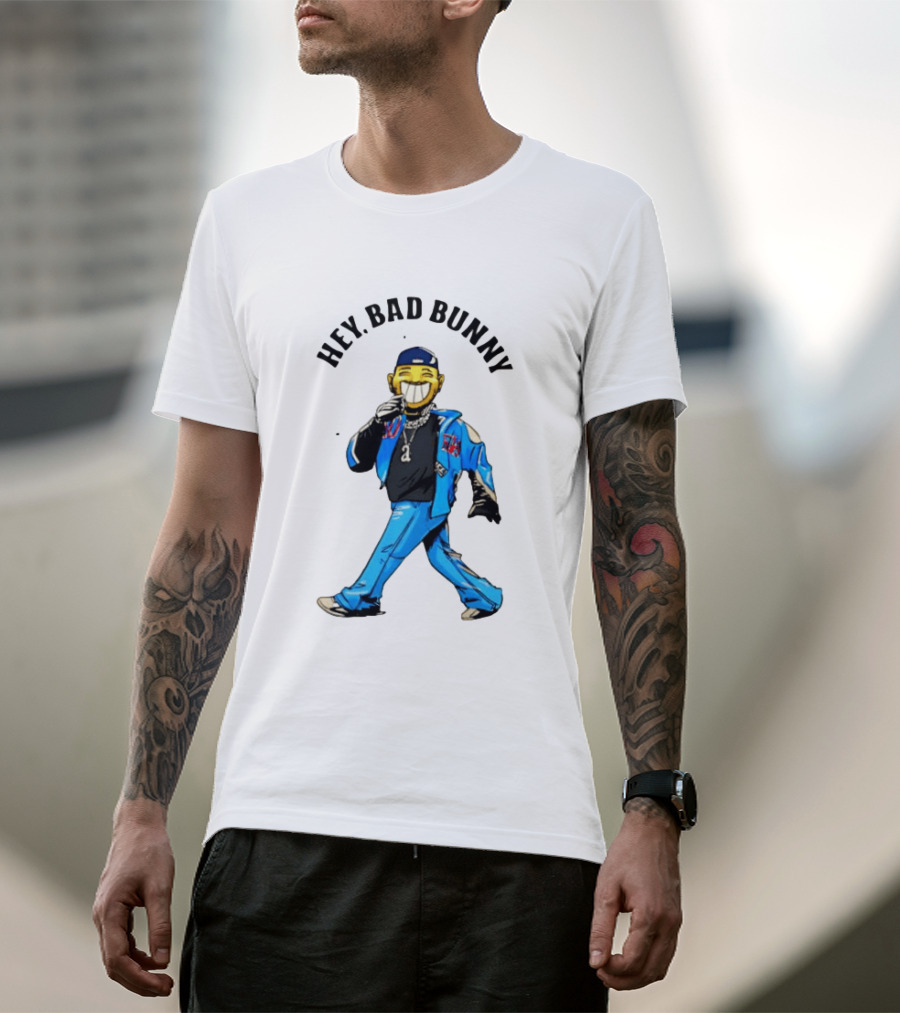 HEY BAD BUNNY Blue Jacket Character Black Outfit Chains T-Shirt