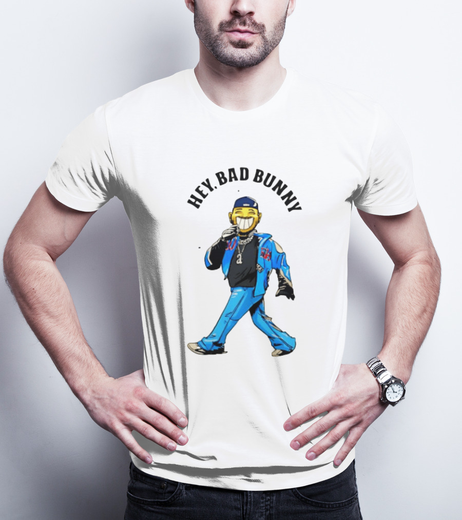 HEY BAD BUNNY Blue Jacket Character Black Outfit Chains T-Shirt