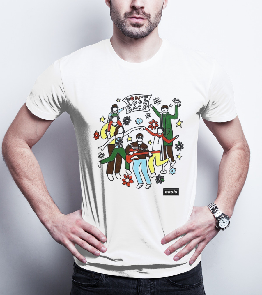 Oasis Don't Look Back Band Scene With Instruments And Flowers T-Shirt