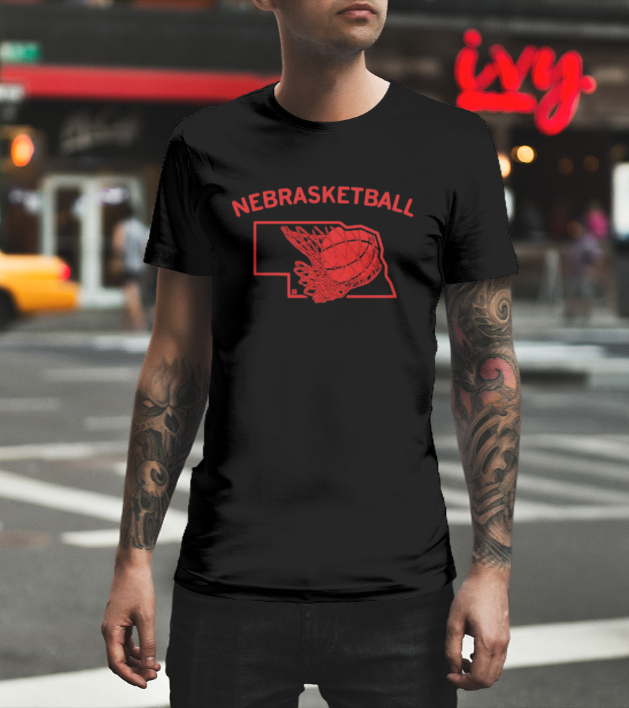 Nebrasketball Nebraska Basketball Red State Silhouette Basketball Net T-Shirt