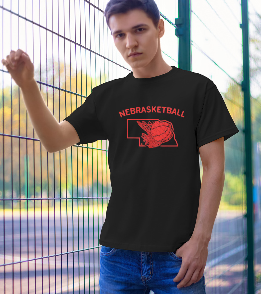 Nebrasketball Nebraska Basketball Red State Silhouette Basketball Net T-Shirt