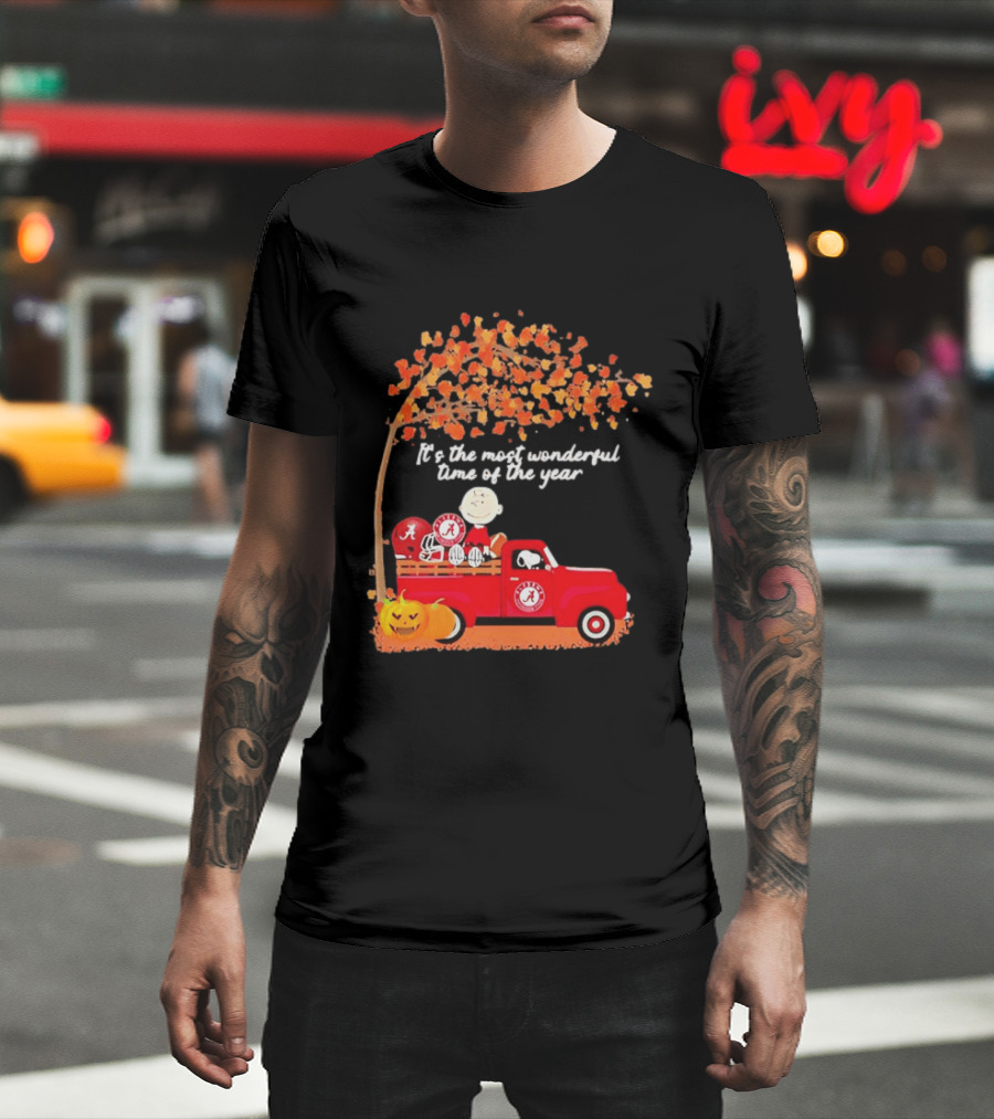 Peanuts Characters Alabama Crimson Tide Pickup Truck Fall Scene T-Shirt