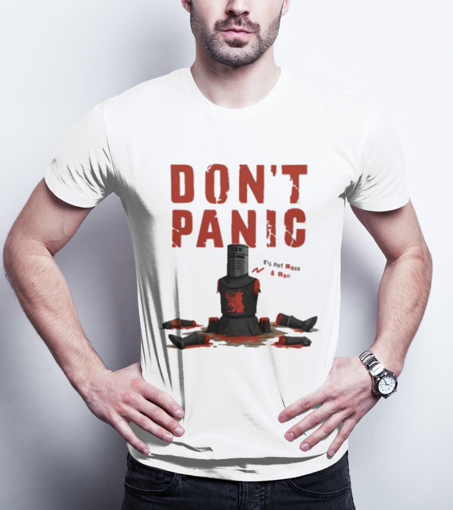 Don't Panic Monty Python Black Knight Sitting In Limbs T-Shirt